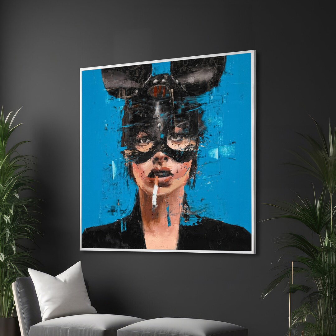 Edgy Pop Art Woman With Mask Canvas Vibrant Blue Abstract Portrait ...