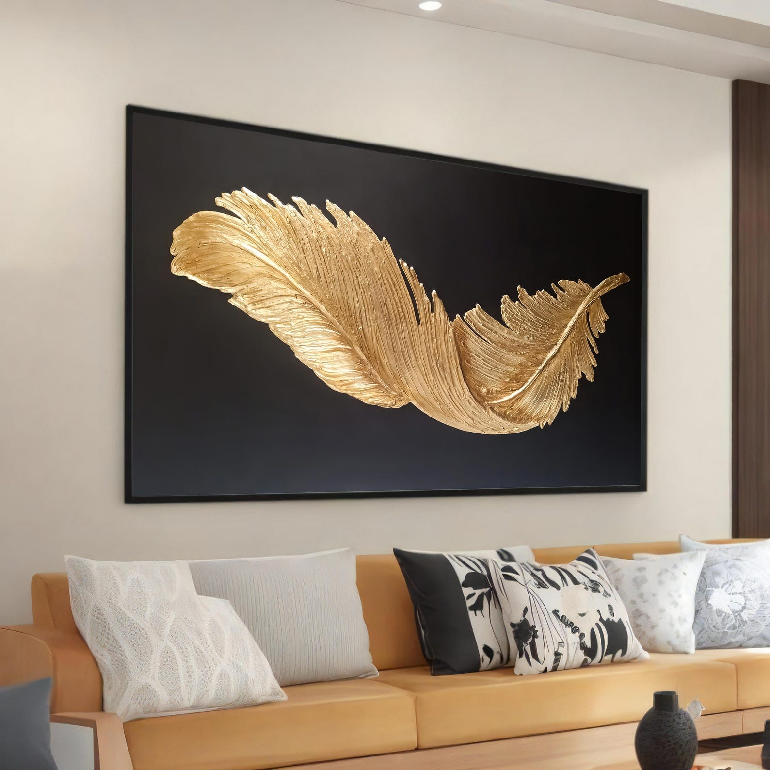 Elegant Gold Feather Wall Art Modern Black and Gold Canvas, Luxury ...