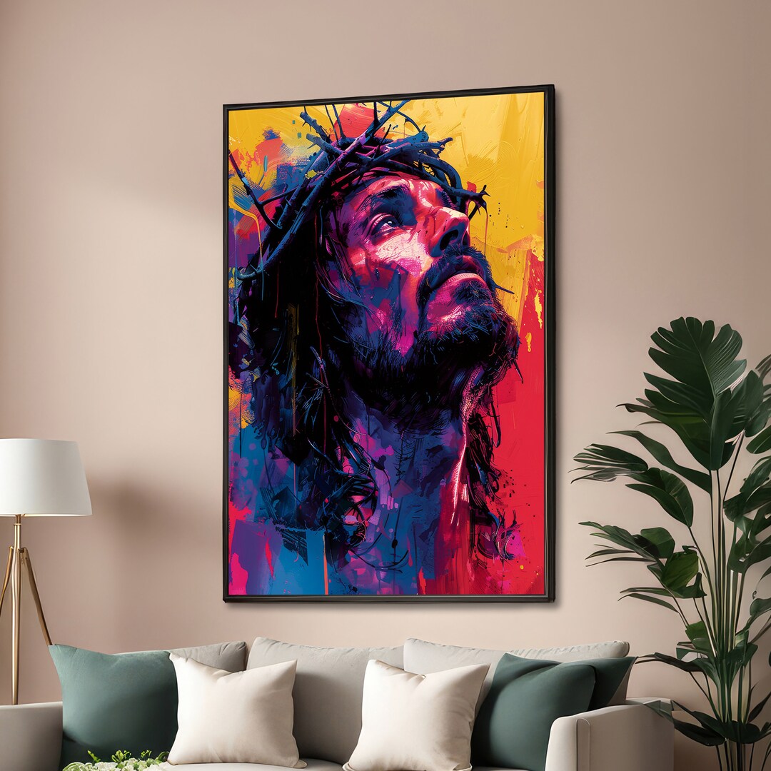 Jesus Christ Canvas Art, Vibrant Crown of Thorns Portrait, Modern ...