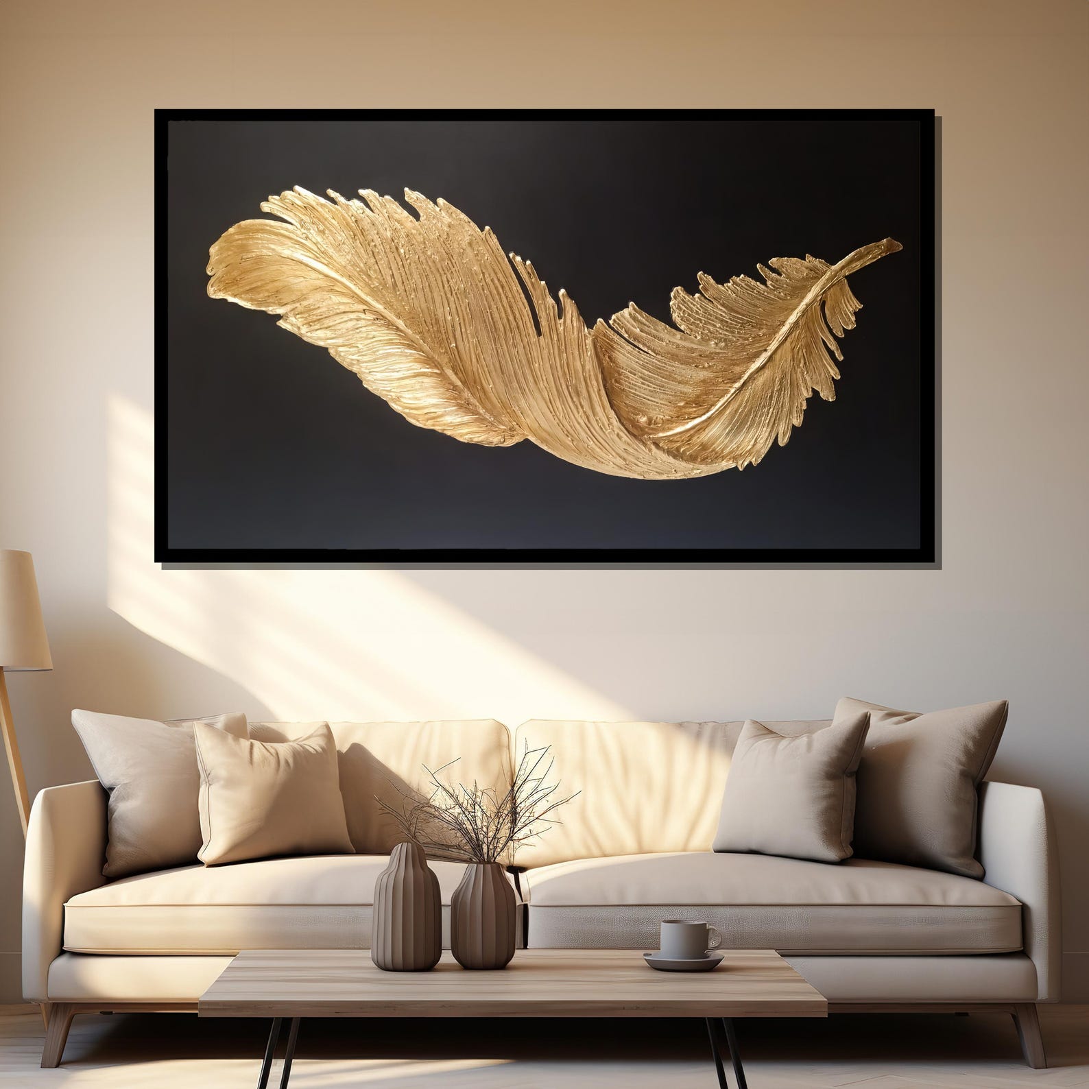 Elegant Gold Feather Wall Art Modern Black and Gold Canvas, Luxury ...