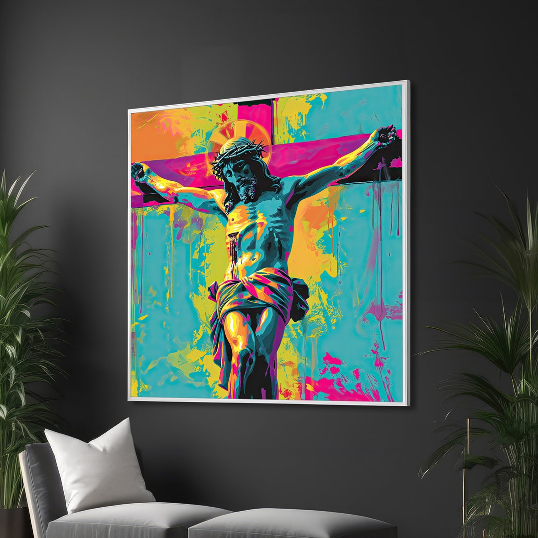 Vibrant Crucifixion Jesus Christ Pop Art Neon Religious Canvas Modern ...