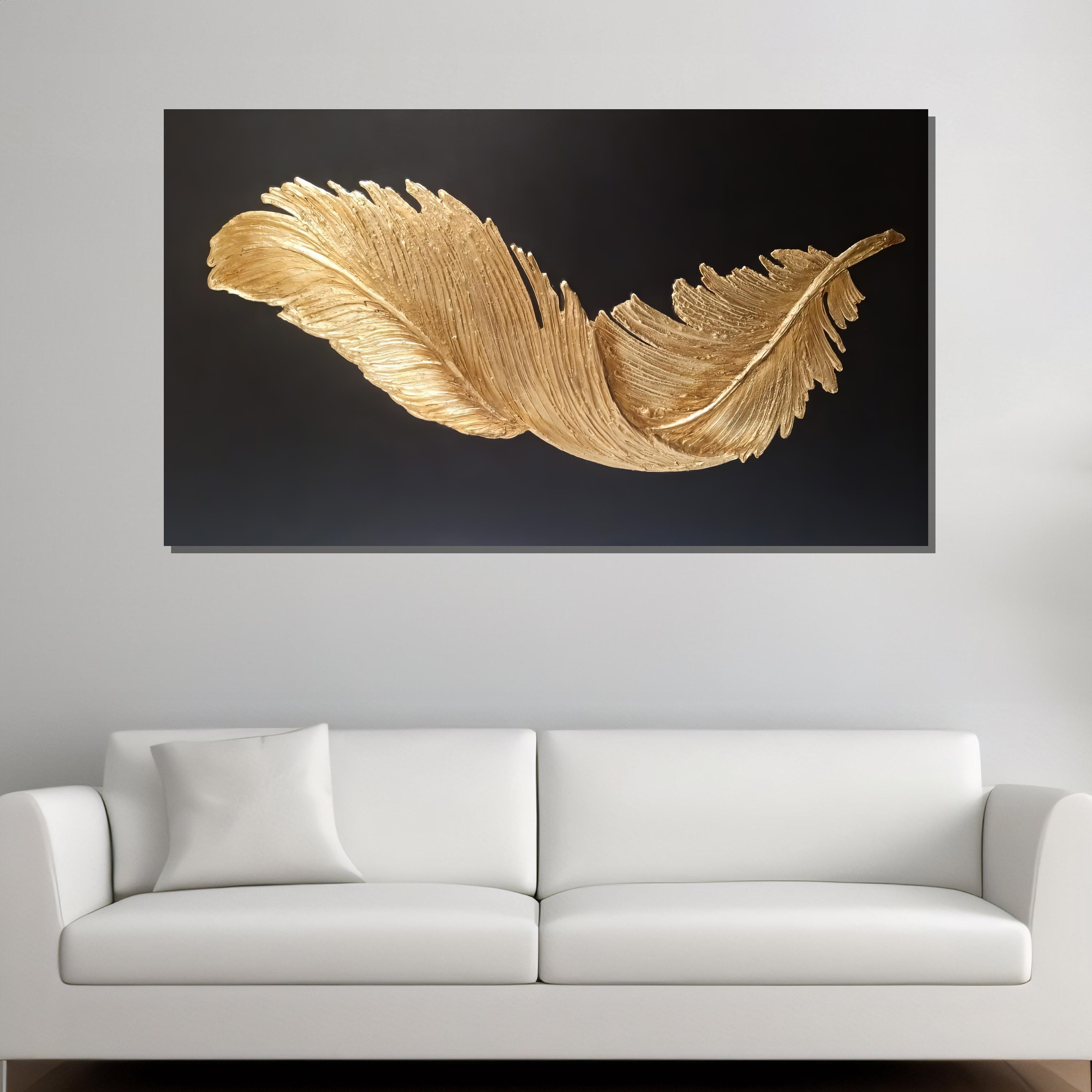 Elegant Gold Feather Wall Art Modern Black and Gold Canvas, Luxury ...