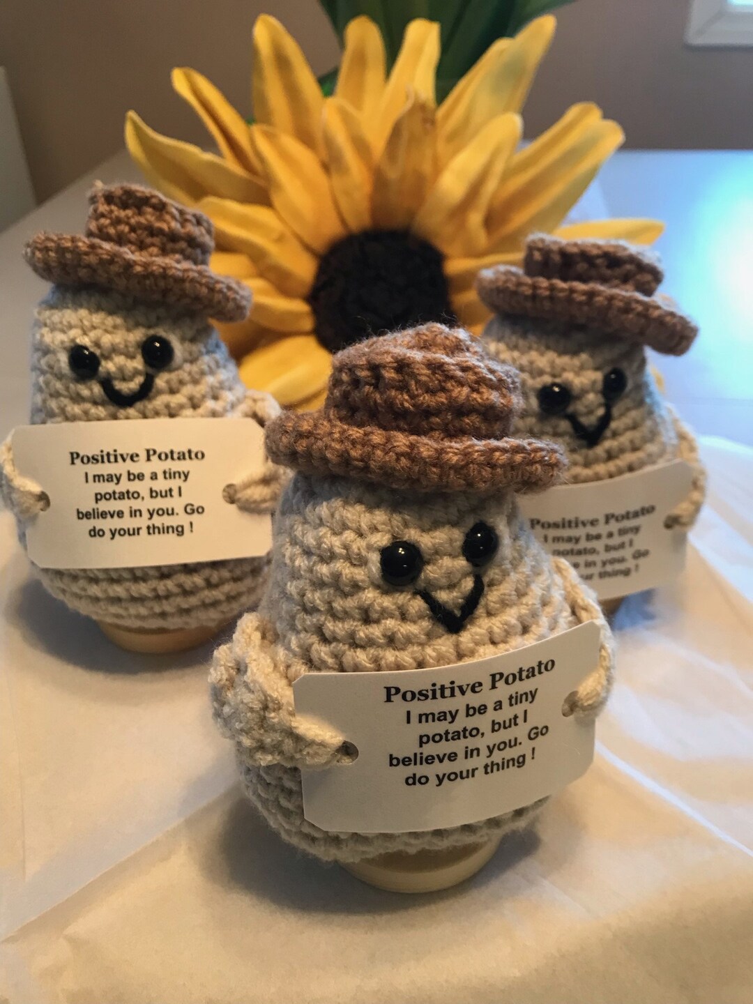 Positive Crochet Potatoe Set of Three With Wooden Stands Ready to Ship ...