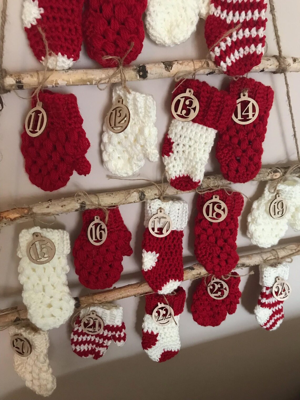 Advent Wooden Tree Twig Branch With Crochet Stockings & Mittens ...