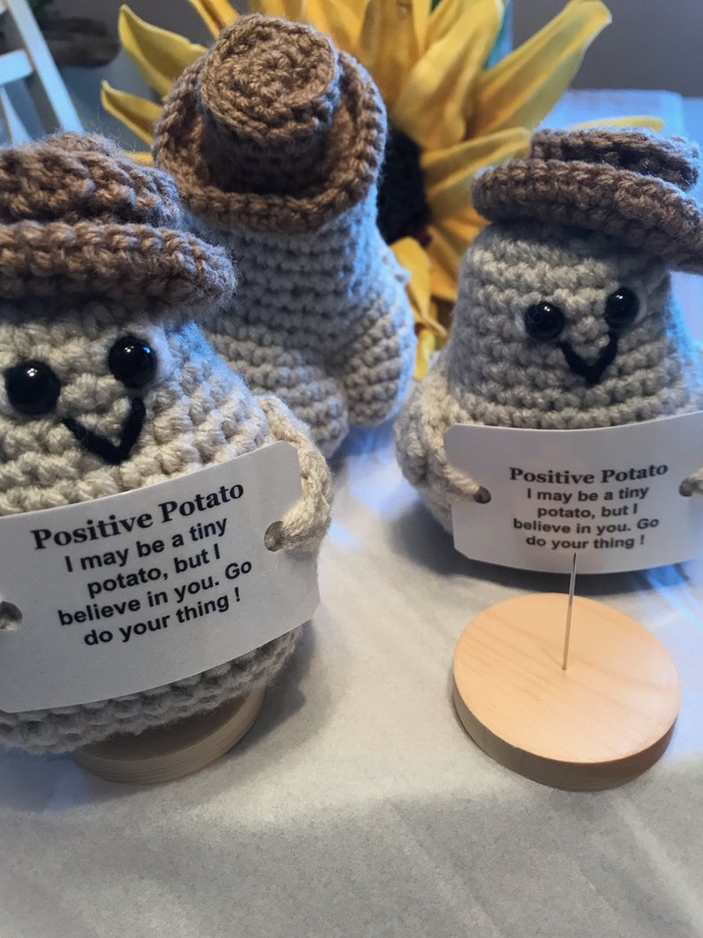 Positive Crochet Potatoe Set of Three With Wooden Stands Ready to Ship ...