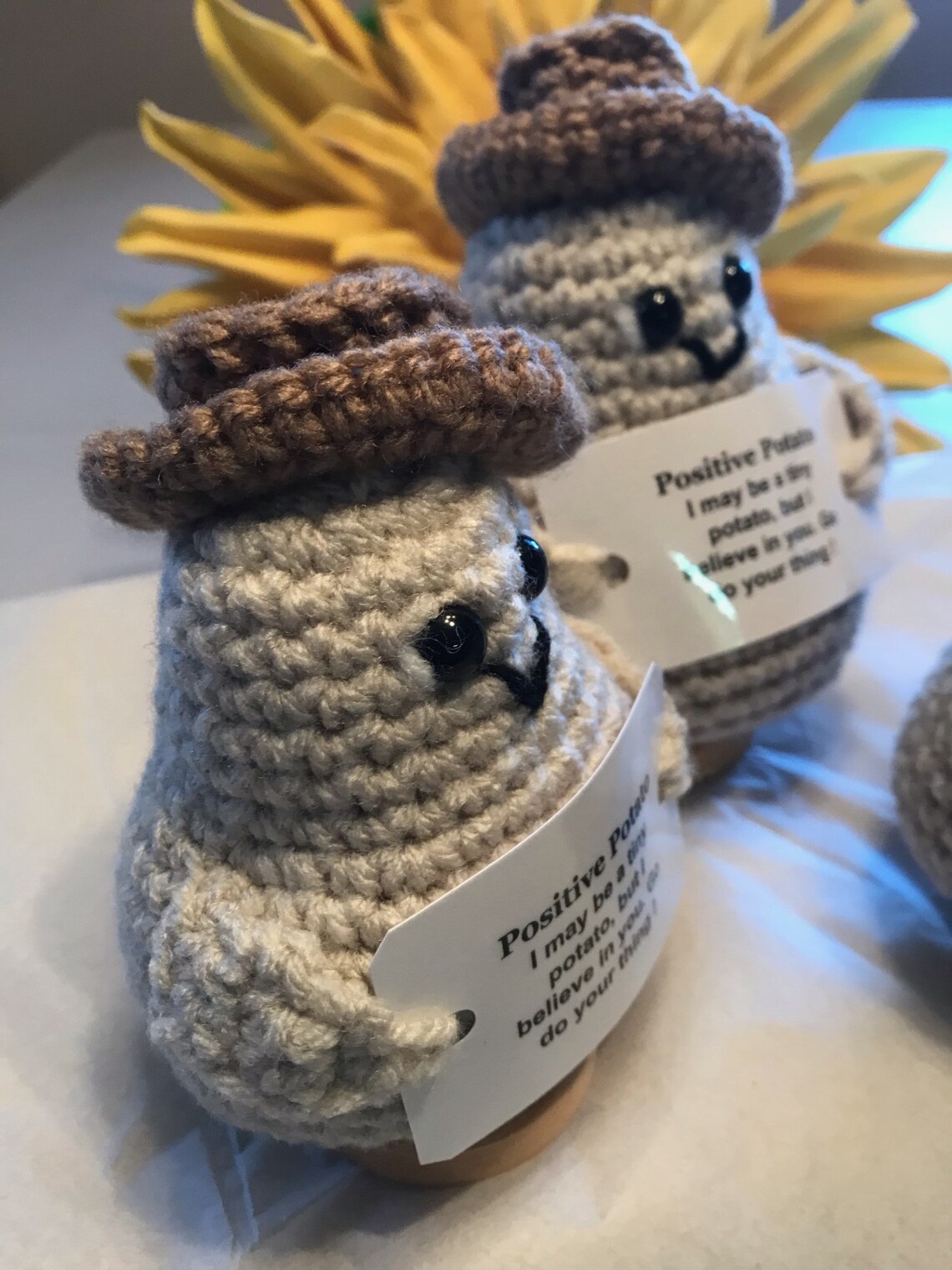 Positive Crochet Potatoe Set of Three With Wooden Stands Ready to Ship ...