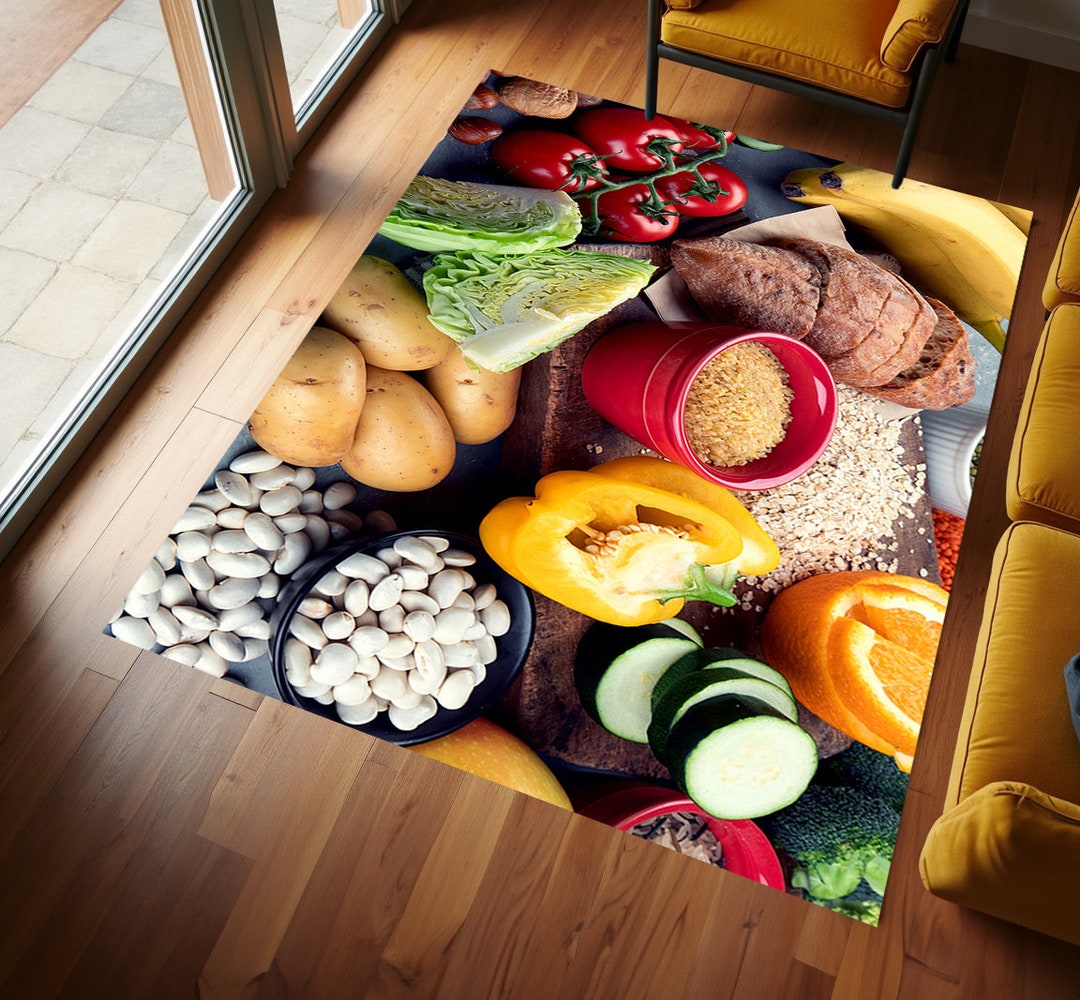 Fresh Fruit and Vegetables Patterned Rug,red Purple Fruits and ...