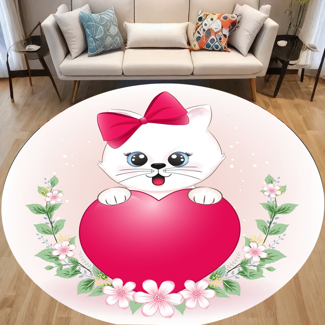 Cute White Cat Round Carpet,round Cat Rugs,animals Rug,circle Cat Rug ...