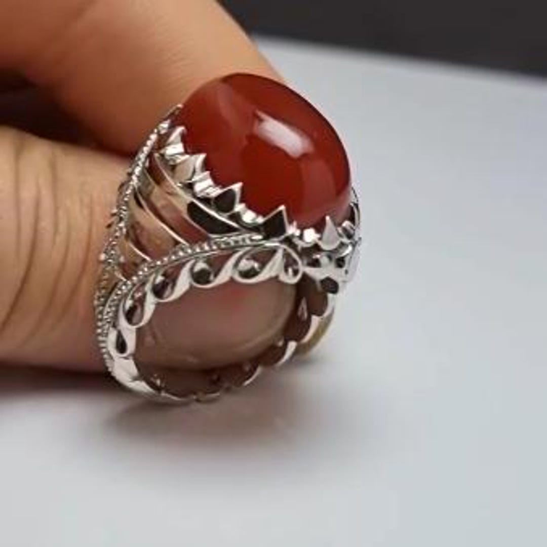 Luxury Red Aqeeq Gemstone Ring for Men in Sterling Silver 925 Genuine ...