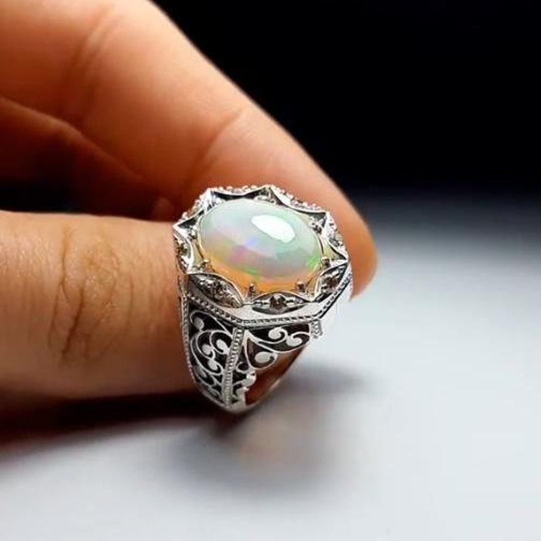 Ethiopian White Opal Stone Ring for Men Real Fire White Opal Ring in ...