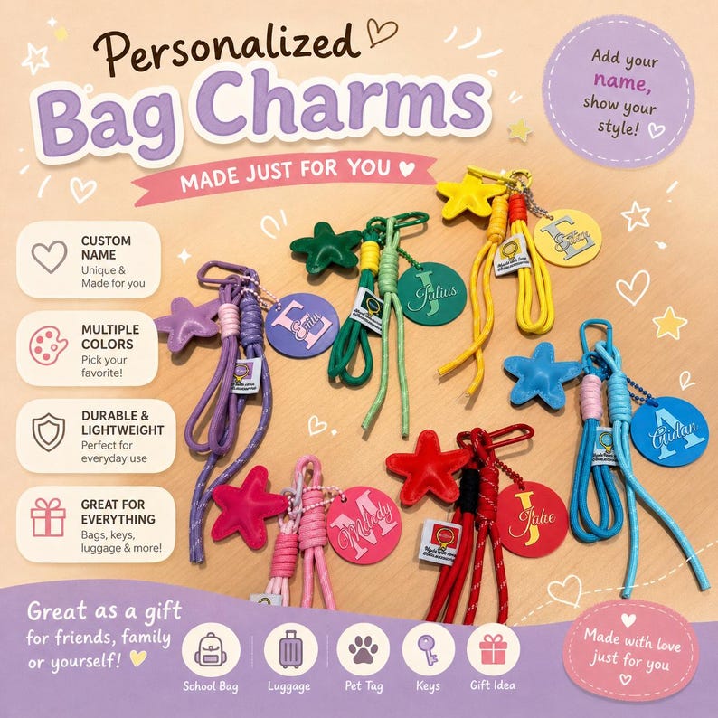 Personalized Rounded Custom Name Tag | Handmade Woven Bag Charm | Kids ...