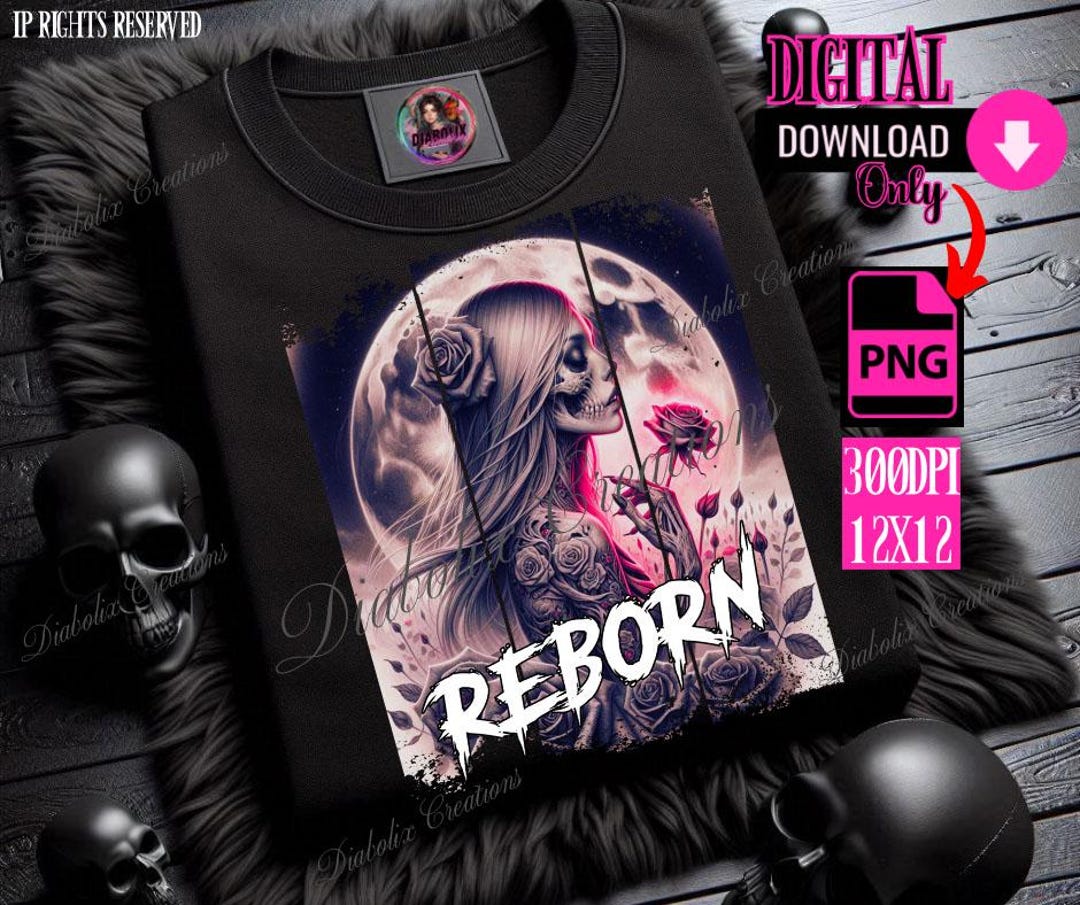 Reborn, Undead Girl, Roses, Moon PNG: Goth Shirt Design (digital ...