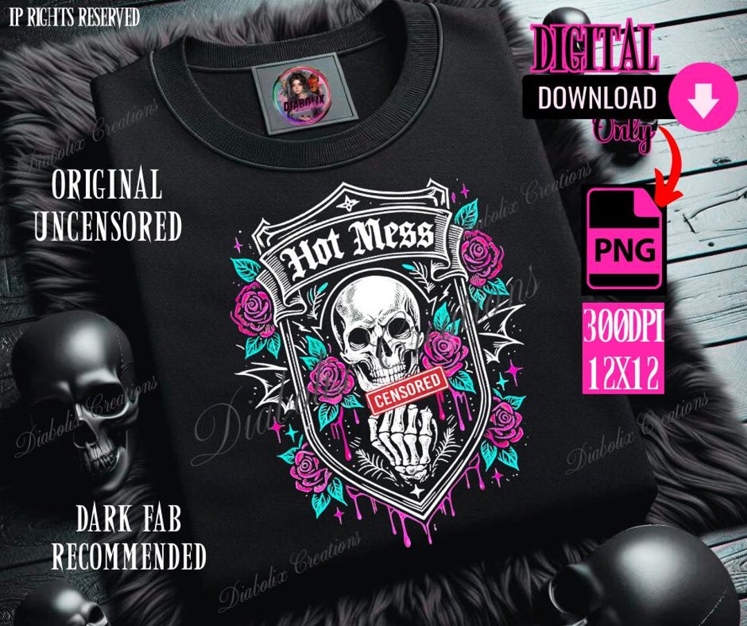 Hot Mess Skull PNG – Gothic Shield Design With Roses, Neon Grunge Drip ...