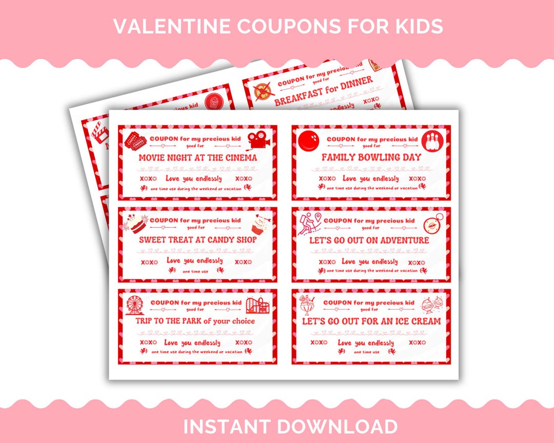 Kid Valentine's Day Coupons Printable, Valentine Voucheers, Valentines ...