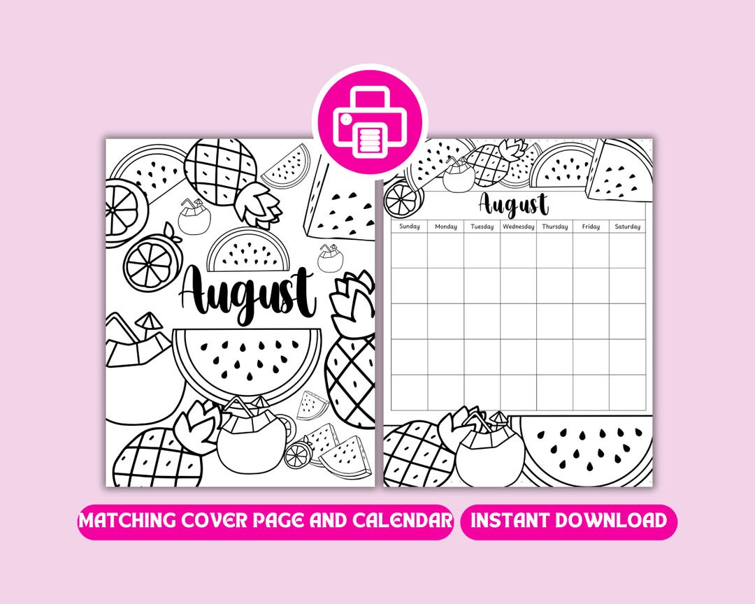 August Coloring Calendar & Journal Cover: Printable Undated Planner ...