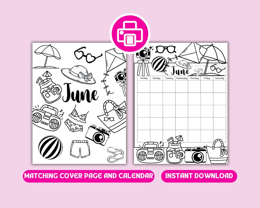 June Journal Cover Page and Calendar, Printable Calendar Set, Planner ...