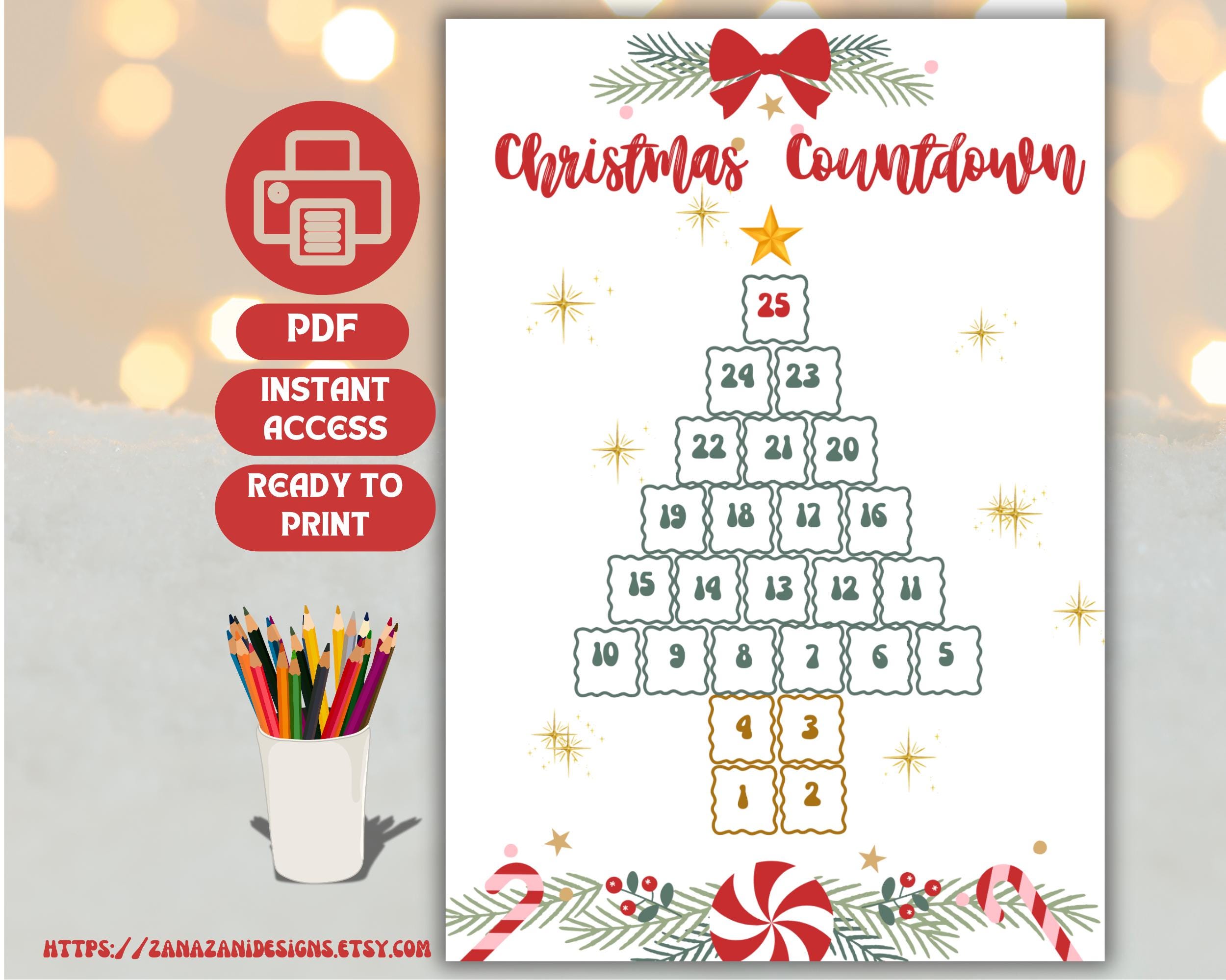 Christmas Tree Countdown Coloring Page: Family Advent Calendar (digital ...