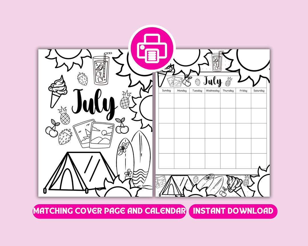 July Coloring Calendar: Printable Planner Cover Page (digital Download ...