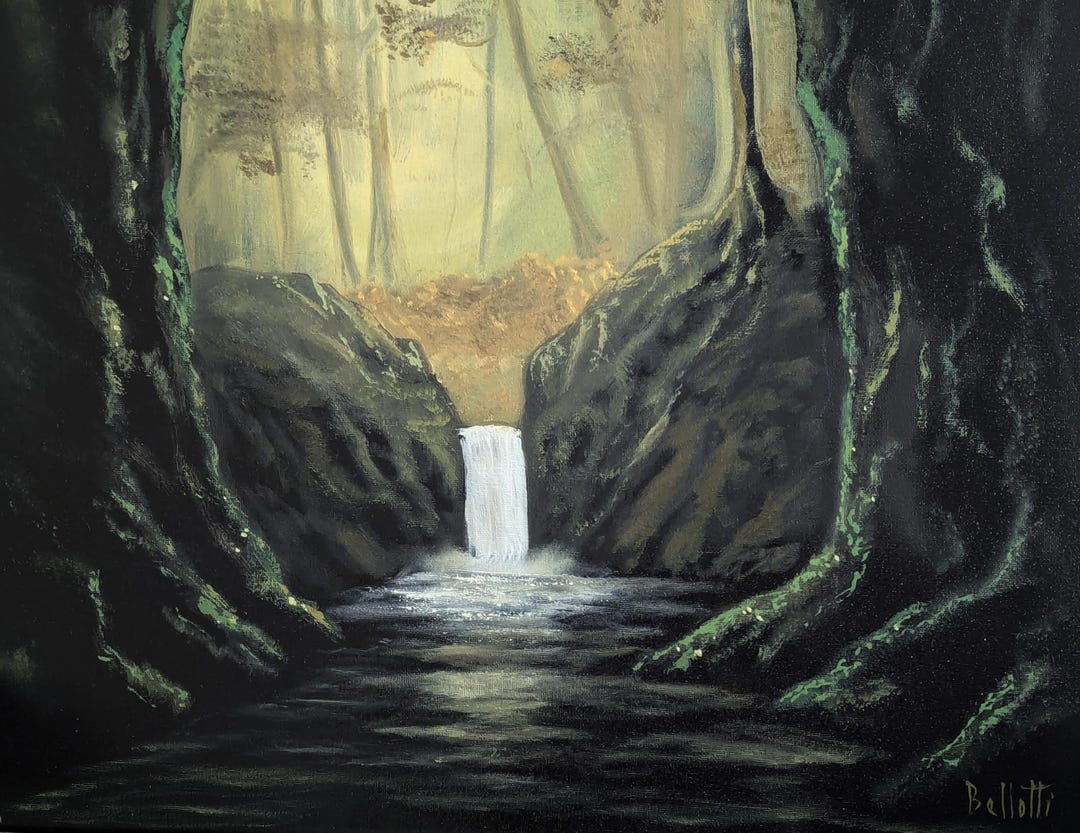 Waterfall Painting Dark Cave Waterfall - 20 X 16 Oil on Canvas - Etsy