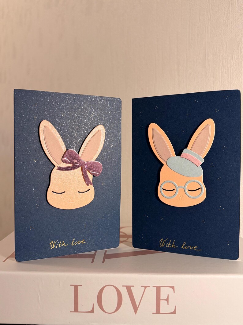Bunny With Love Card – Handmade Rabbit Illustration, Gold Lettering - Etsy