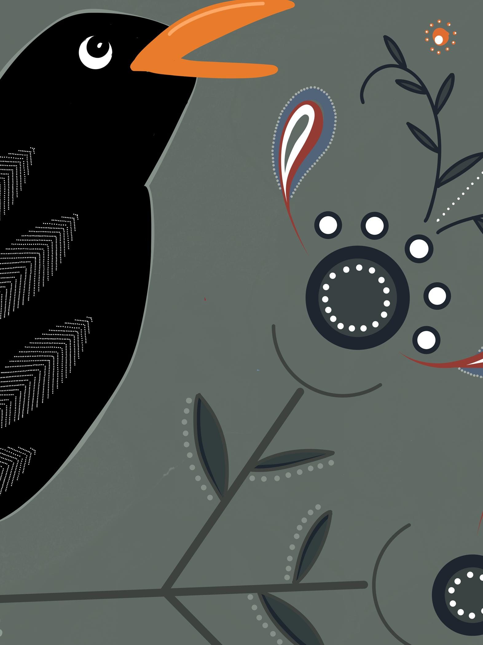 Folk Art Inspired Blackbird With Green Background. Blackbird Print Art ...