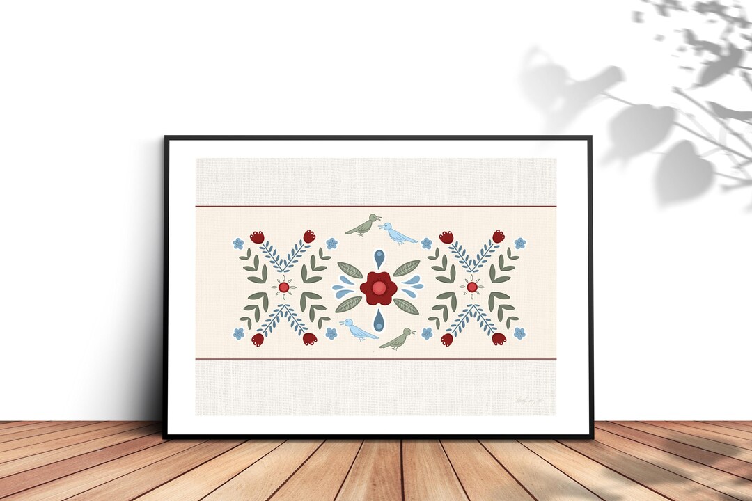 Nordic Kurbits Pattern Print: Red, Blue, Green Floral Folk Art (digital ...