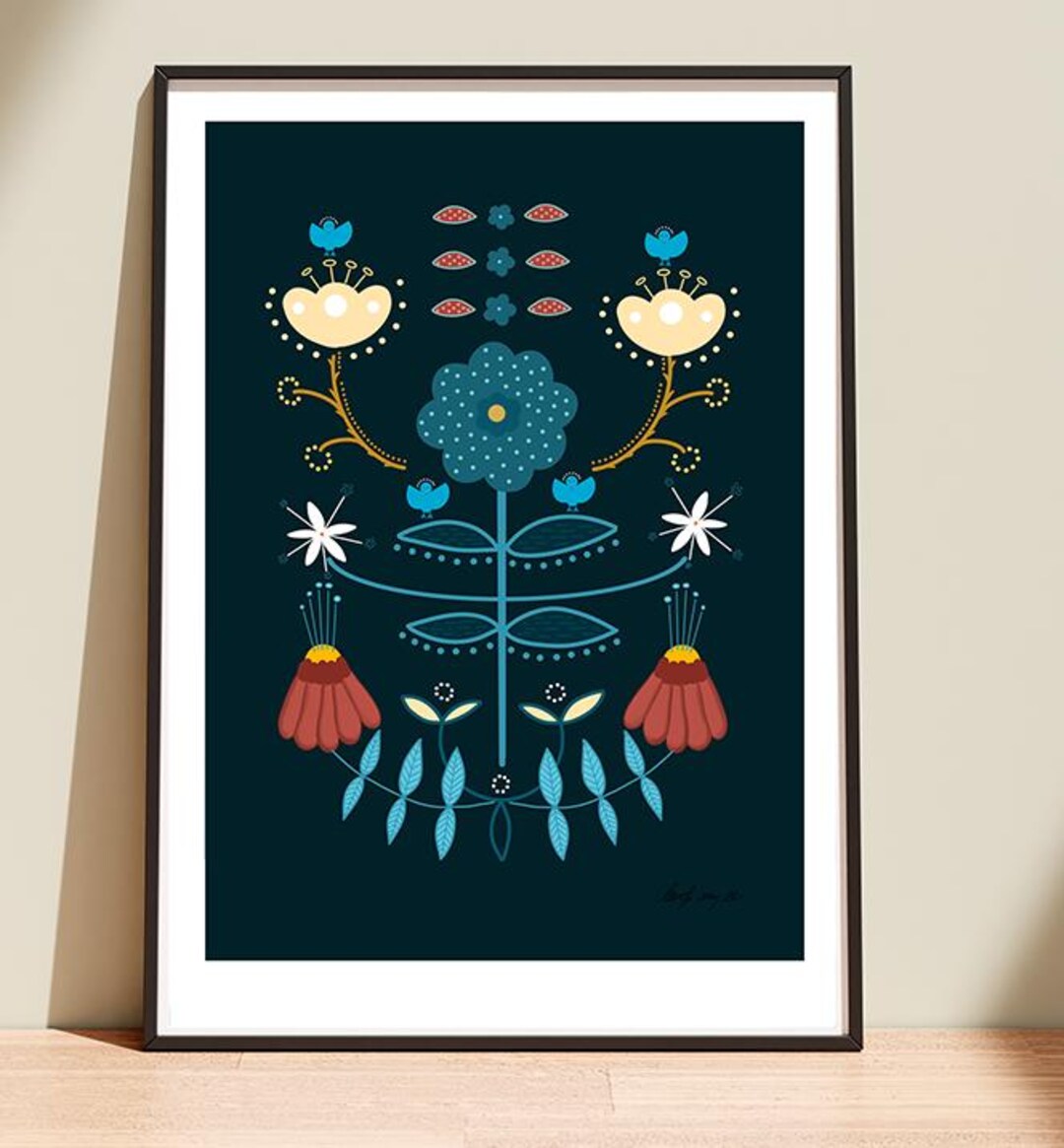 Folk Art Print, Folk Art Dark Colors. Flower Pattern Folk Art. Folk Art ...
