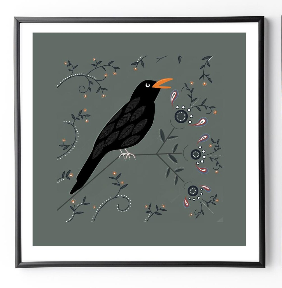 Folk Art Inspired Blackbird With Green Background. Blackbird Print Art ...