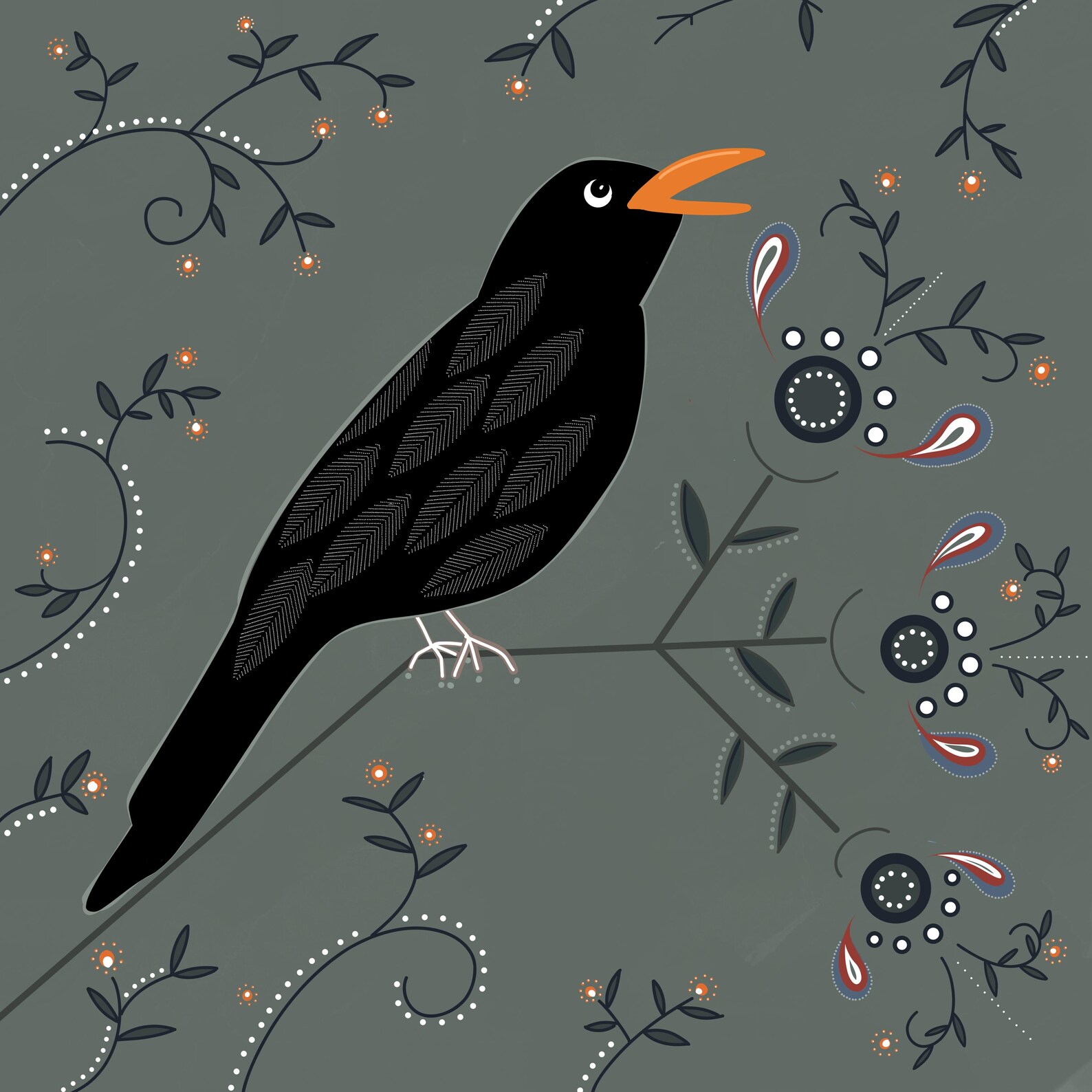 Folk Art Inspired Blackbird With Green Background. Blackbird Print Art ...