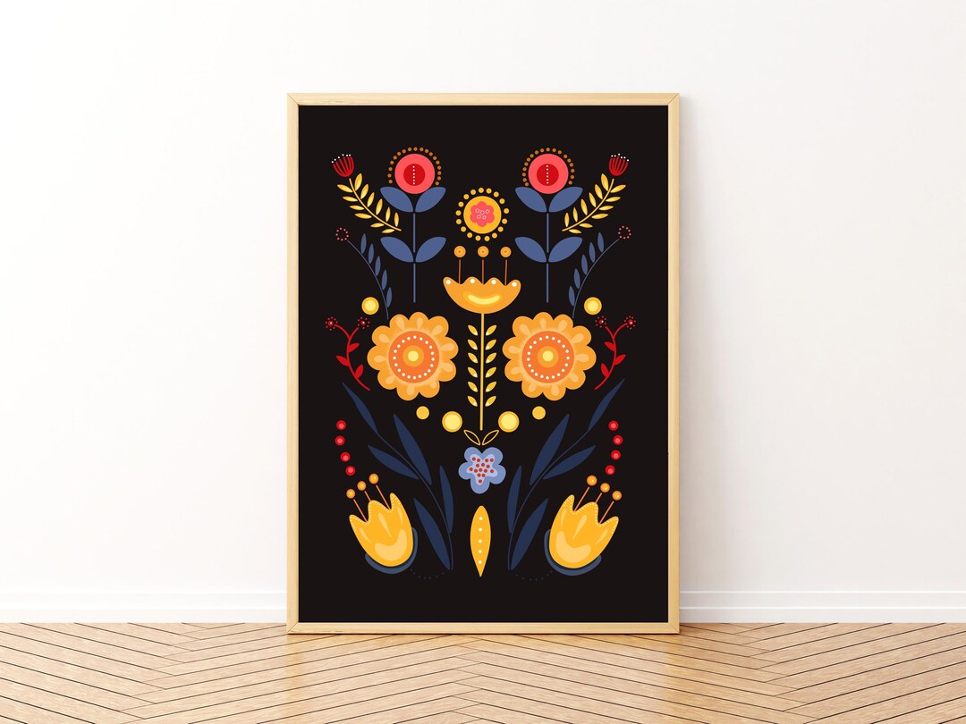 A Folk Art Pattern in Bright Colors With a Black Background. Folkart ...