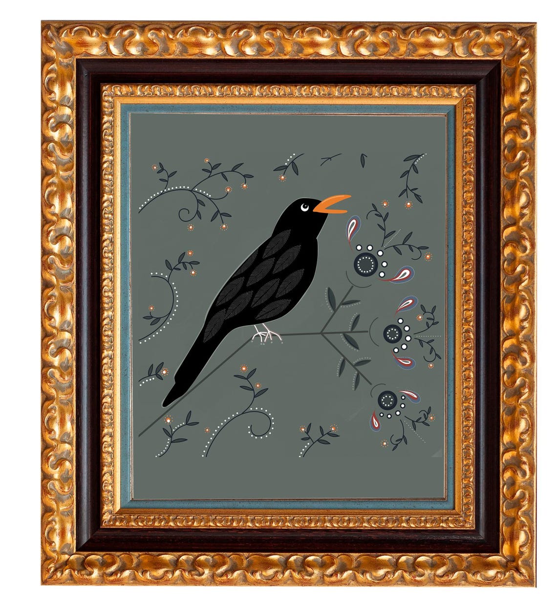 Folk Art Inspired Blackbird With Green Background. Blackbird Print Art ...