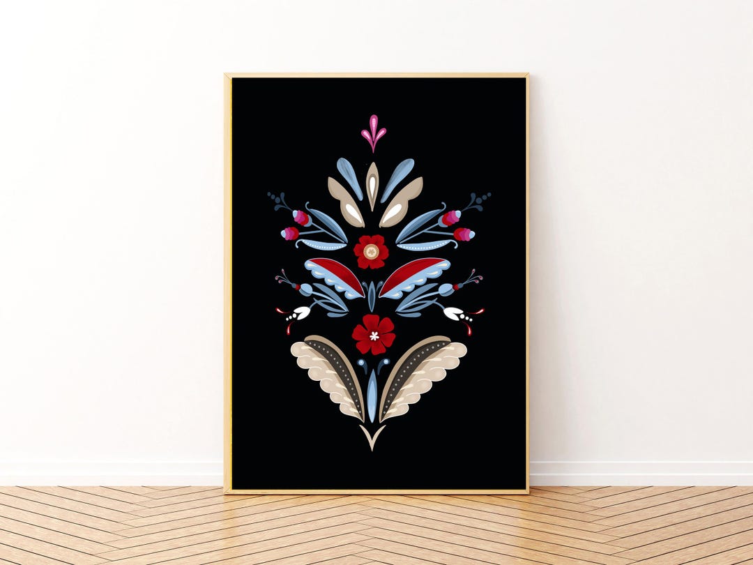 Modern Kurbits Painting in Scandinavian Style. Dark Background ...