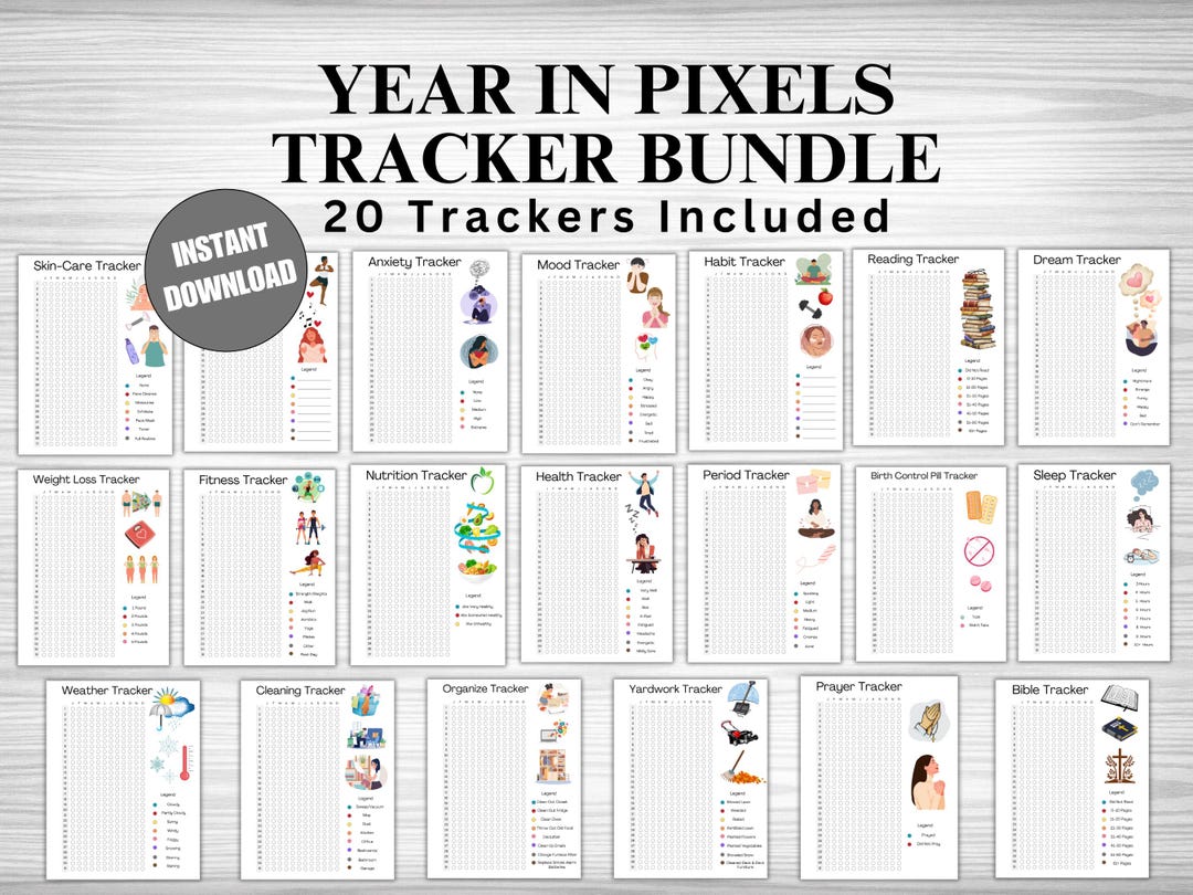 Year in Pixels Tracker Bundle | Printable Yearly Trackers | Bullet ...