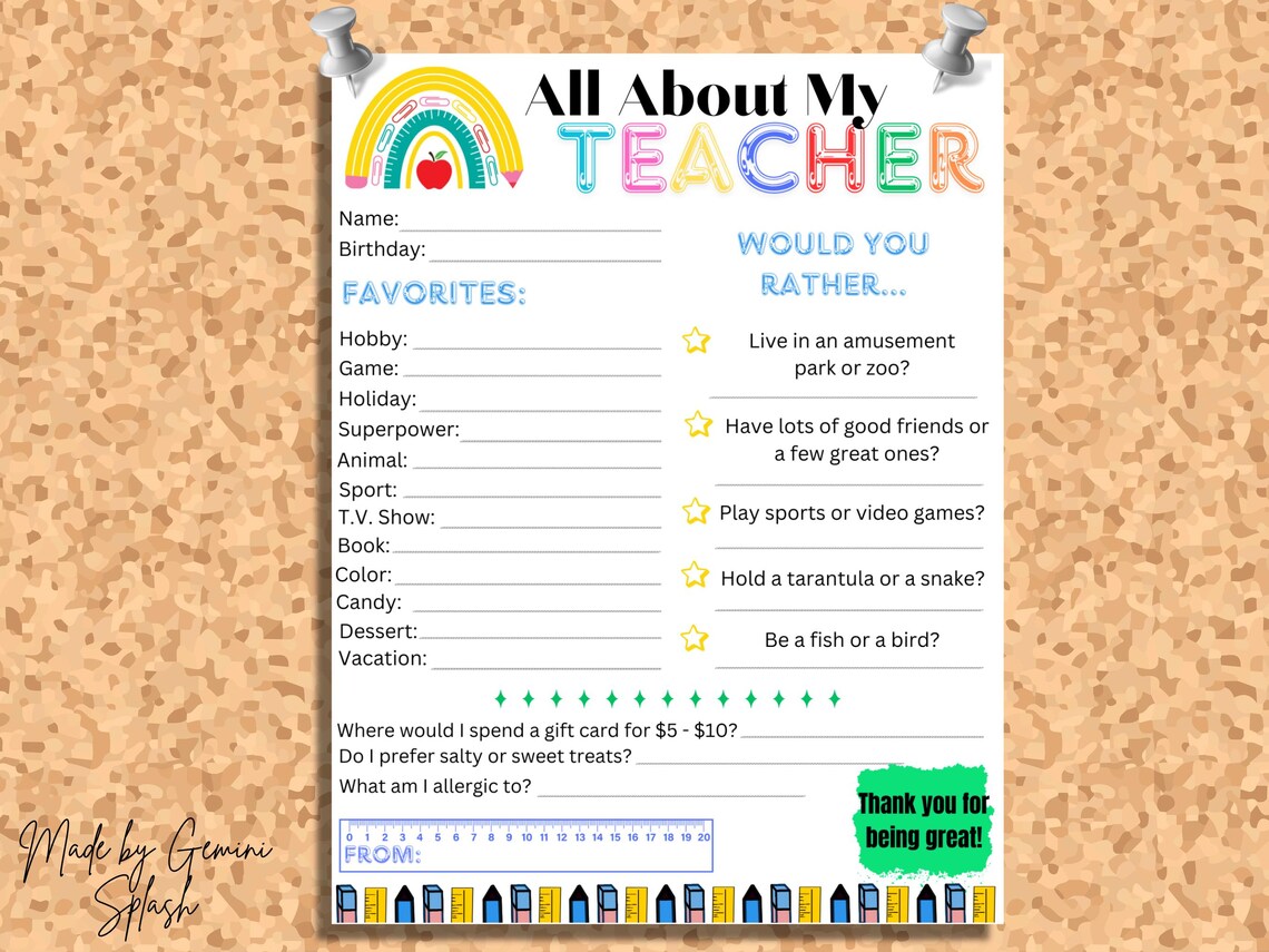 Teacher Questionnaire Printable | Teachers Favorites List | Back to ...