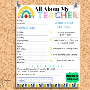 Teacher Questionnaire Printable | Teachers Favorites List | Back to ...