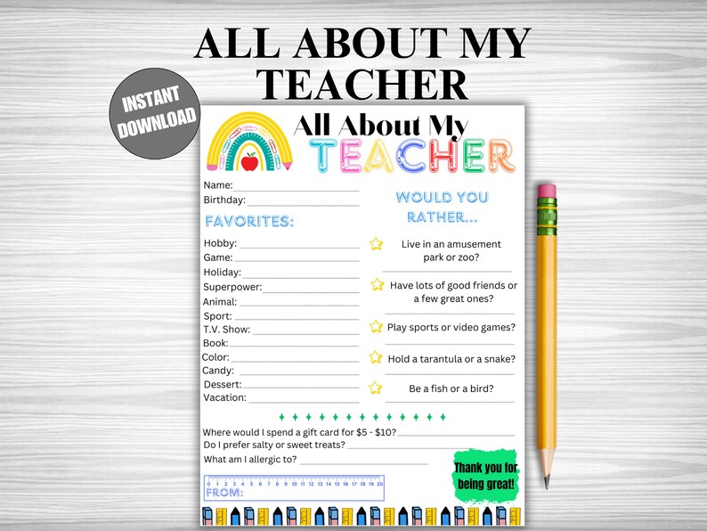 Teacher Questionnaire Printable | Teachers Favorites List | Back to ...
