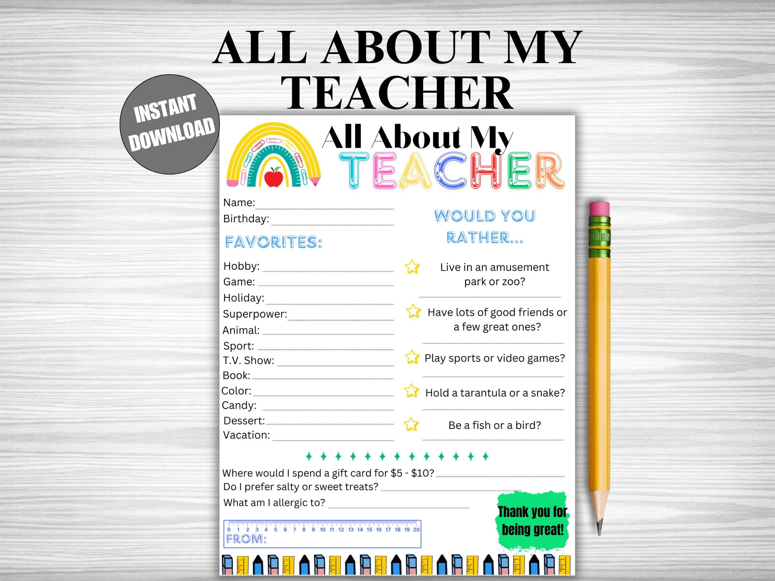 Teacher Questionnaire Printable | Teachers Favorites List | Back to ...