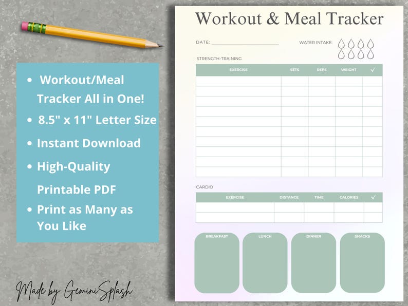 Workout and Meal Tracker Printable: Fitness Planner (PDF) - Etsy