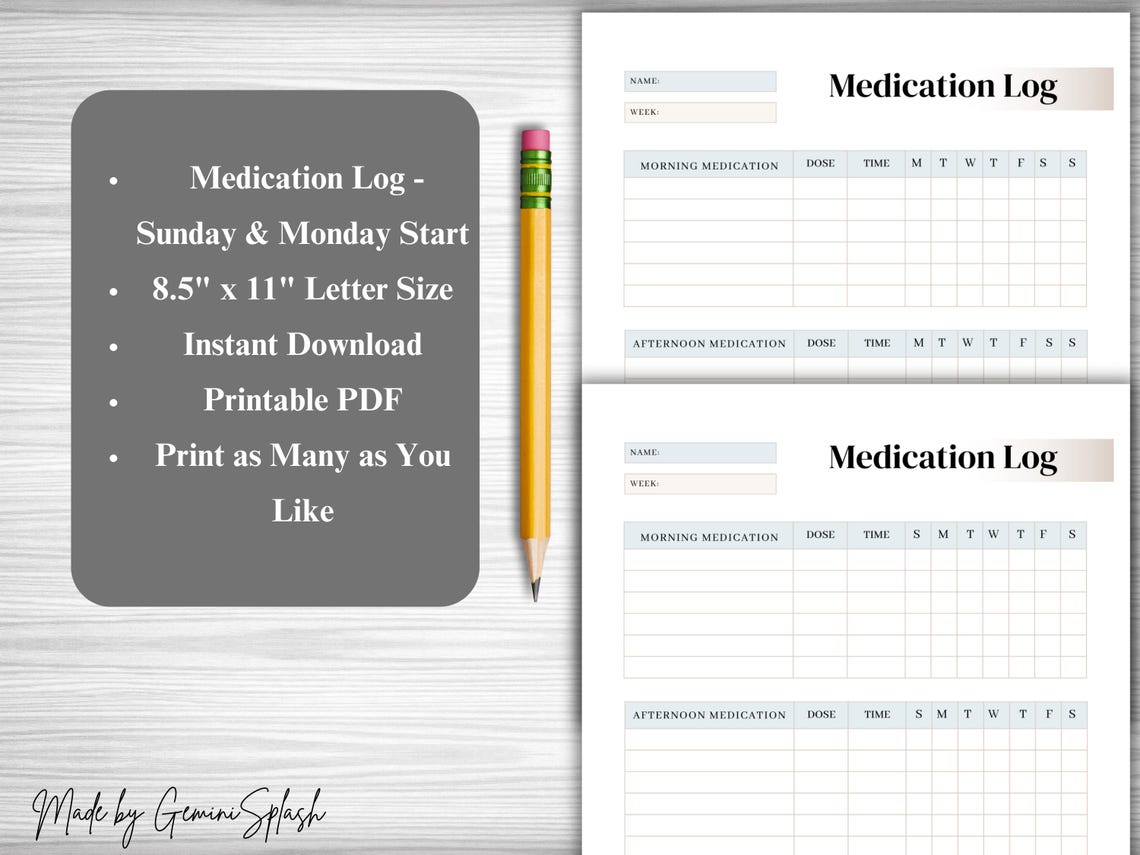 Medication Log Printable: Daily Tracker, AM PM Schedule (PDF) - Etsy