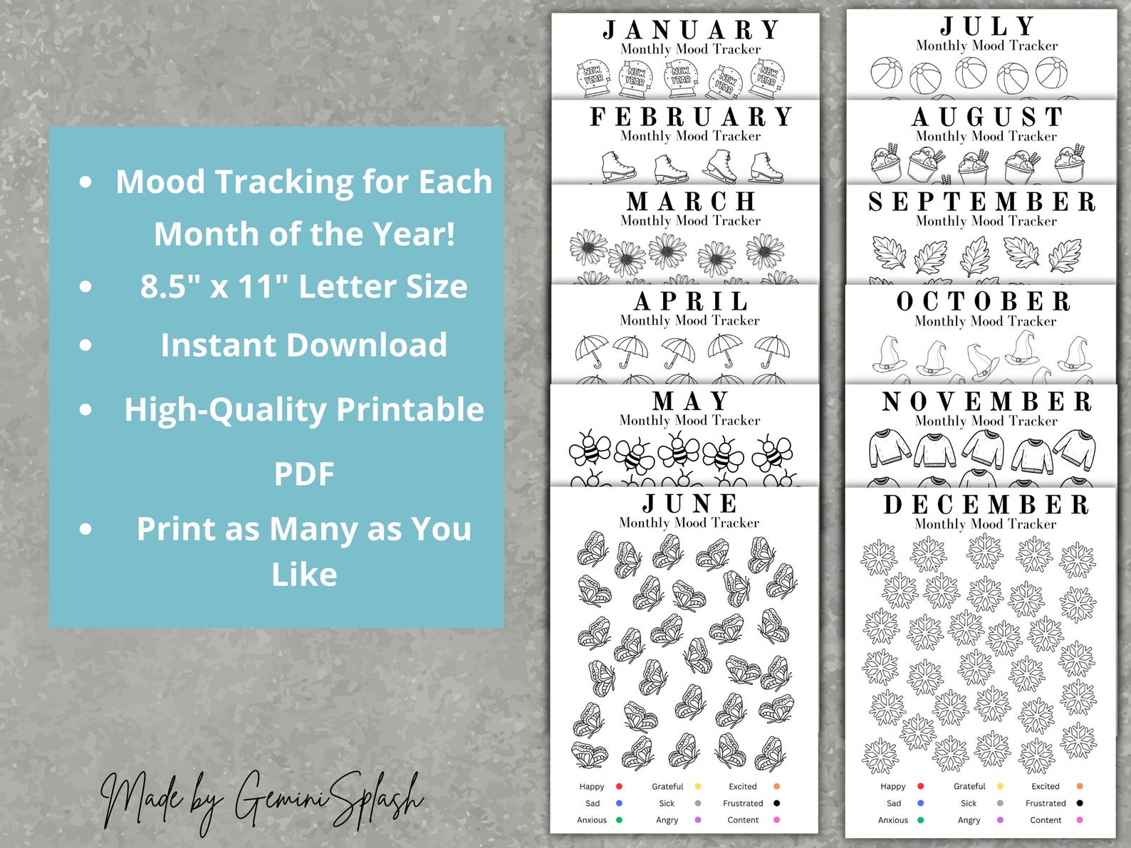 Monthly Mood Trackers | Yearly Mood Trackers | Mood Tracker Bundle ...
