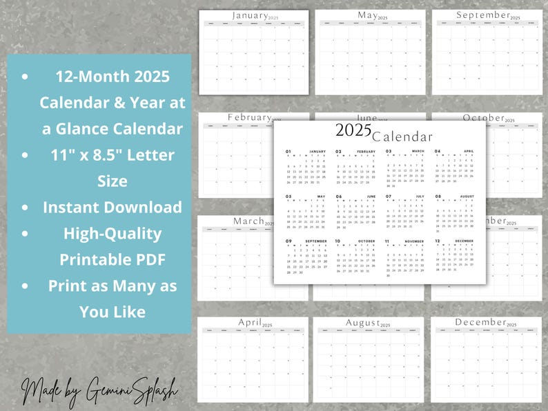 2025 Monthly Calendar Printable | Minimalist Simple Calendar | Planner ...