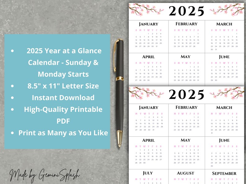 2025 Yearly Calendar Printable | Floral Year Calendar | Yearly Planner ...
