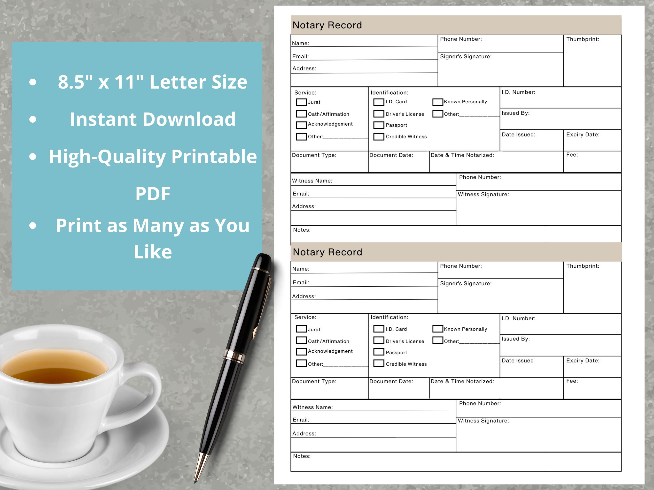 Notary Journal Template | Notary Log | Notary Record | Printable Notary ...