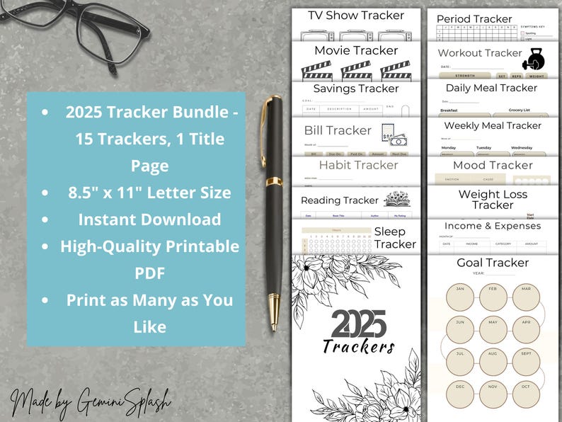 Tracker Bundle Printable PDF Journal Tracker Pages Habit Tracker Mood ...