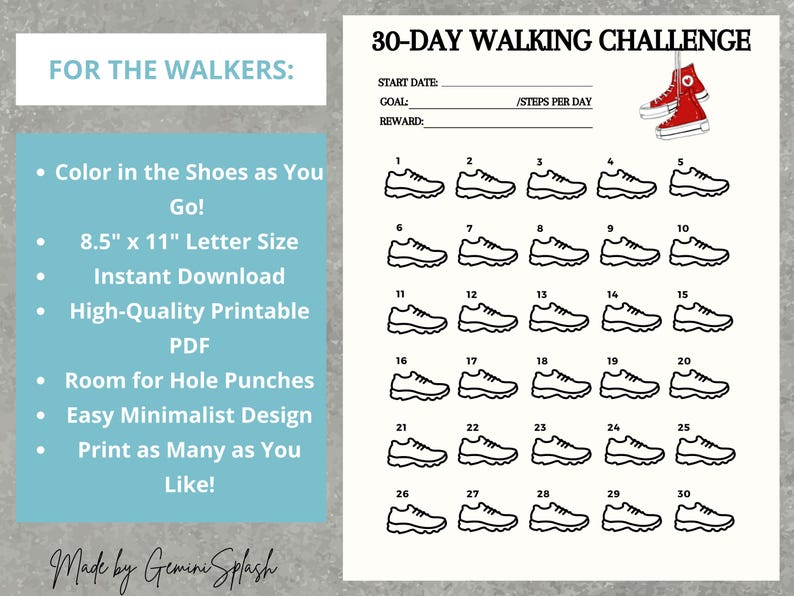 30-day Walking & Jogging Challenge Tracker (PDF) - Etsy