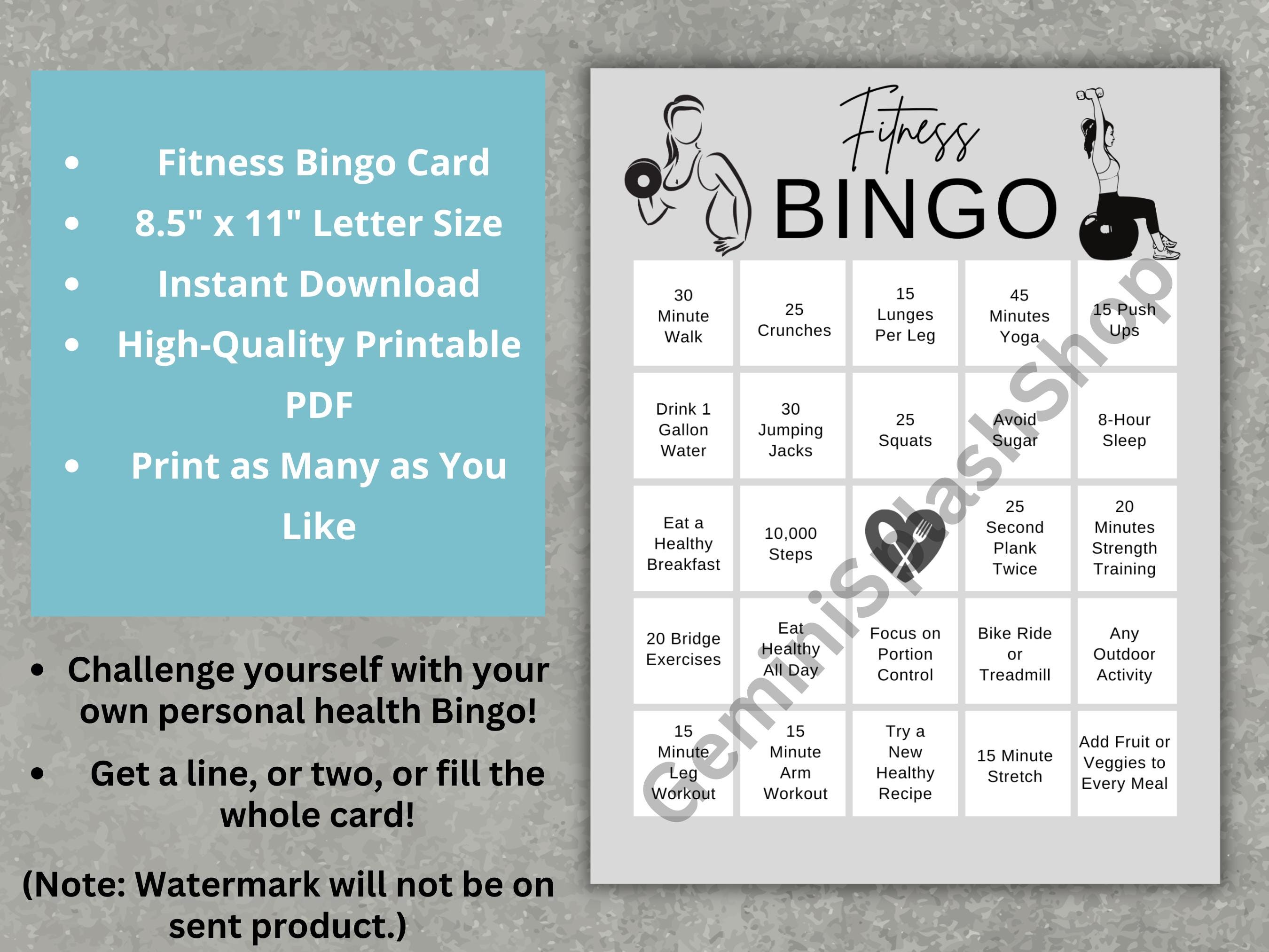 Fitness Bingo Printable | Exercise Bingo Game | Health Tracker ...