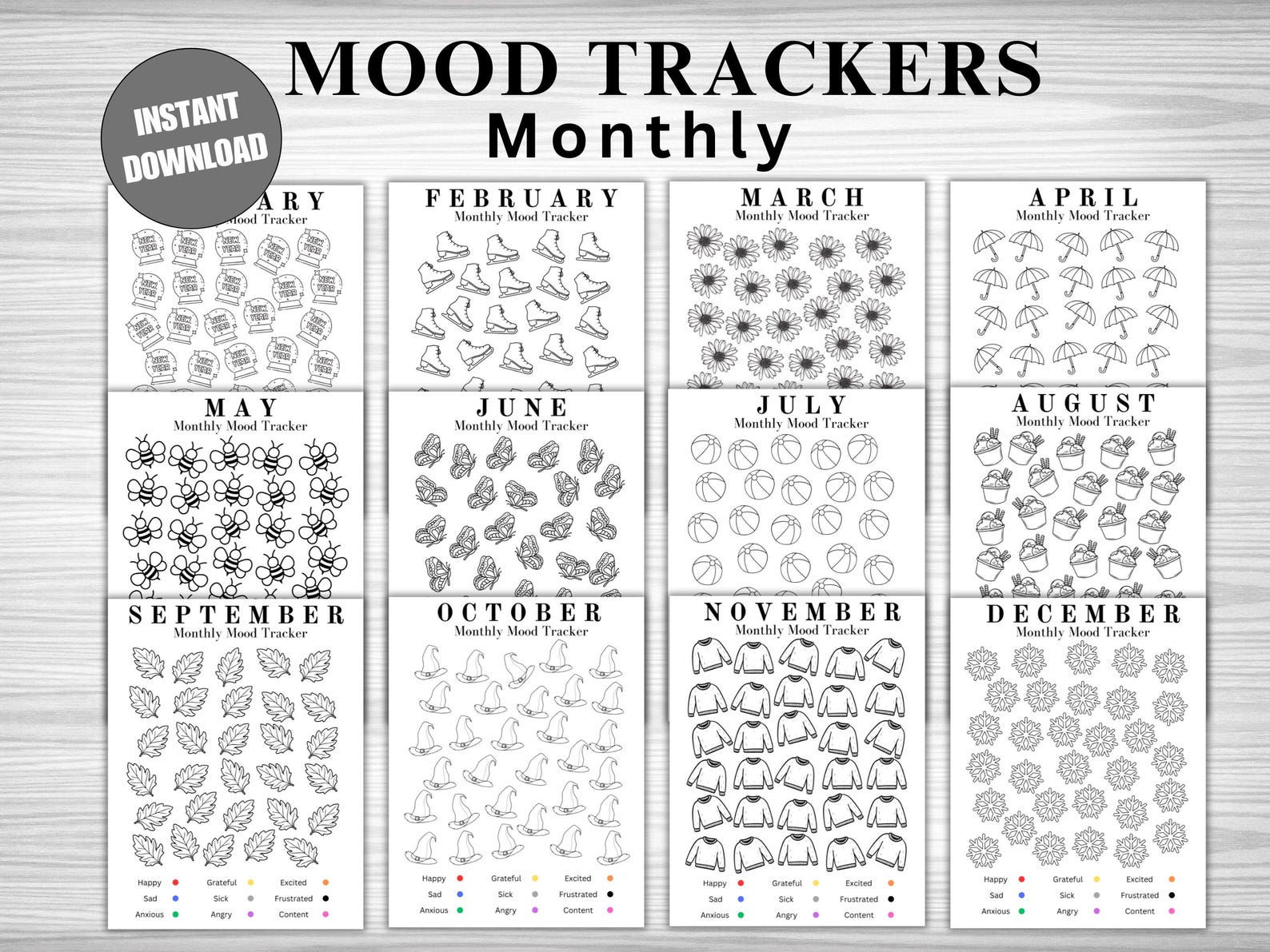 Monthly Mood Trackers | Yearly Mood Trackers | Mood Tracker Bundle ...