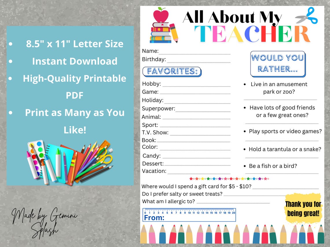 About My Teacher Printable | Teacher Appreciation Day | World Teachers ...