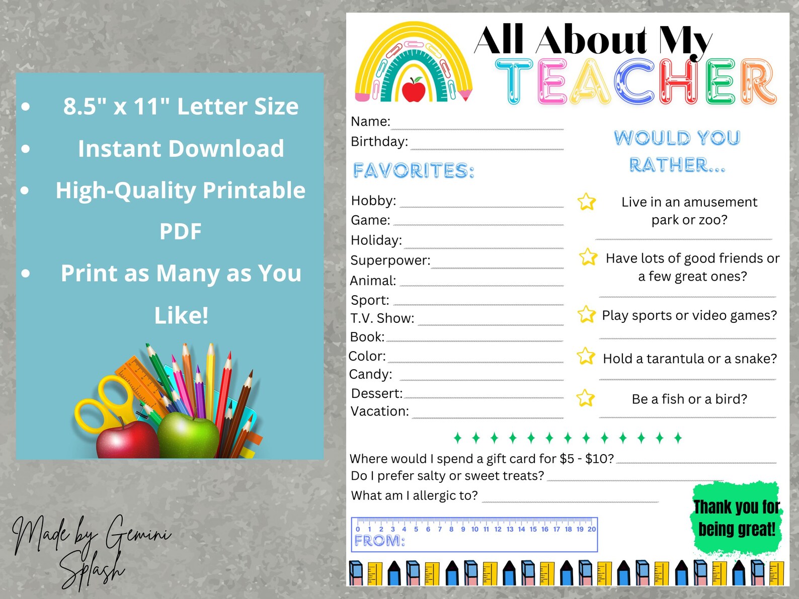 Teacher Questionnaire Printable | Teachers Favorites List | Back to ...