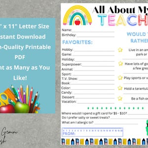 Teacher Questionnaire Printable | Teachers Favorites List | Back to ...